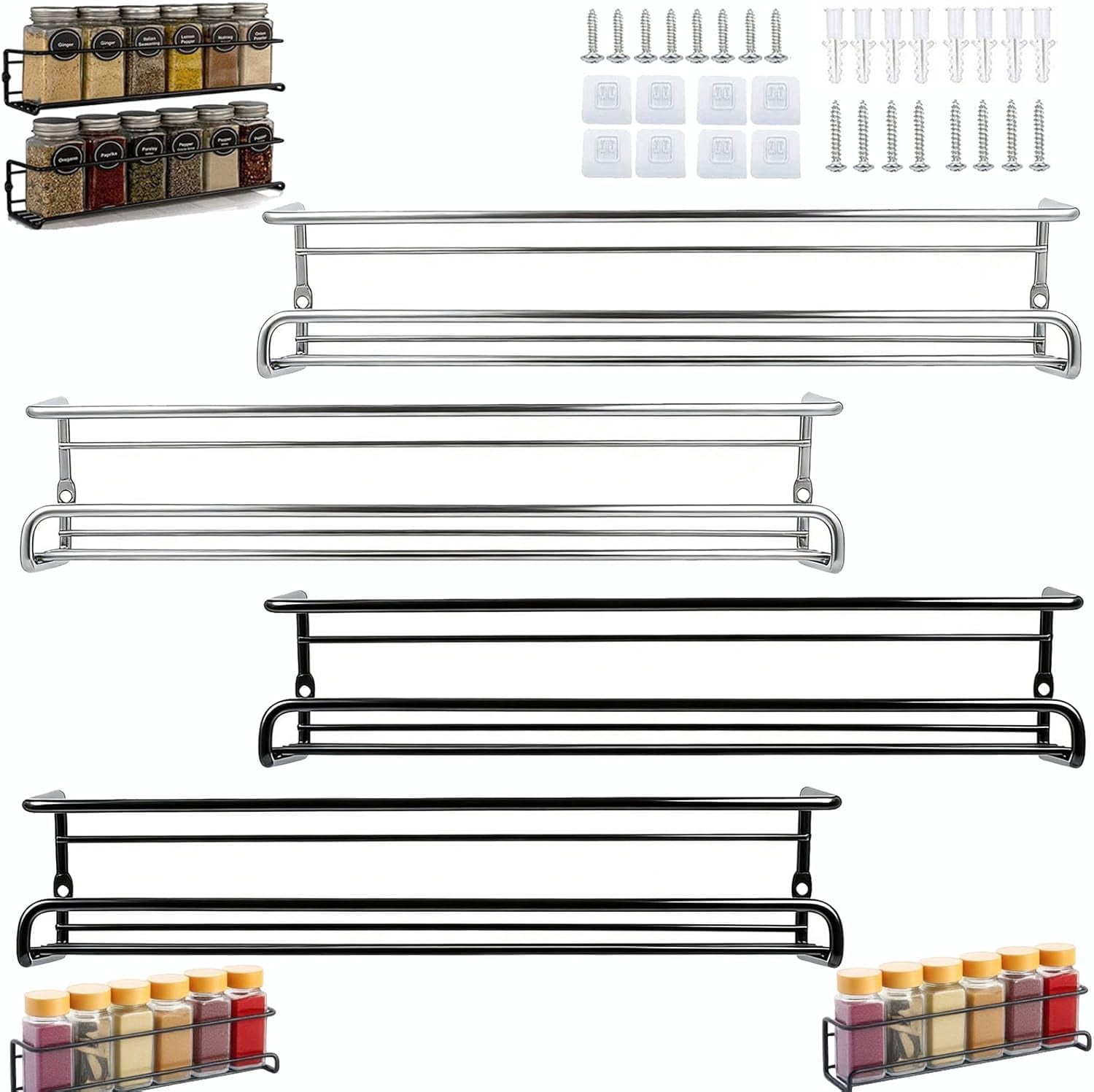 Carbon Steel Wall-Mounted Kitchen Spice Rack, No-Drill Wall-Mounted ...