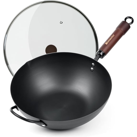 Carbon Steel Wok, 12.5 Inch Stir Fry Pan with Lid, Natural Non-Stick ...