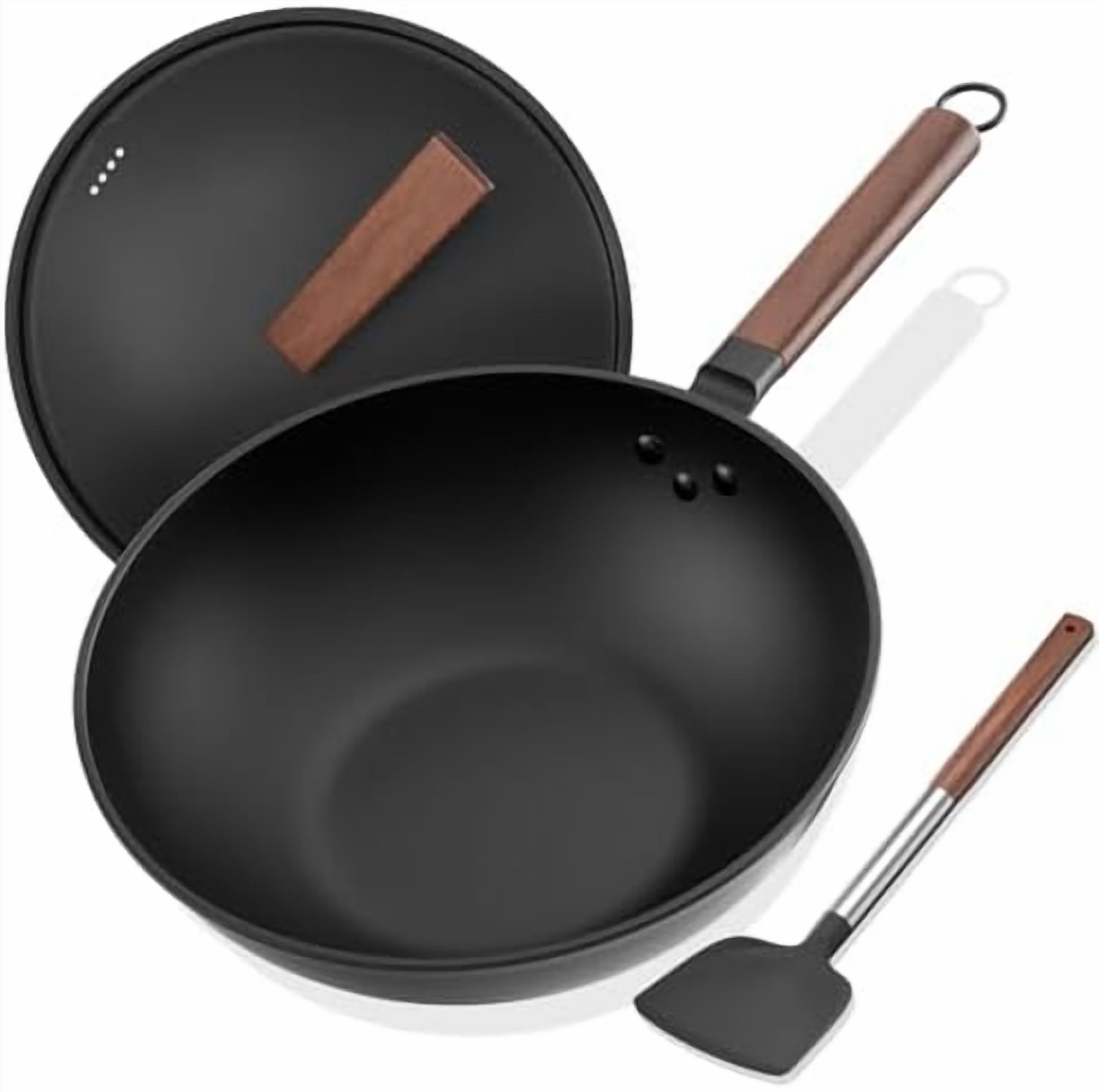 Carbon Steel Wok, 13-Inch, Pre-Seasoned, Non-Stick, with Lid and ...
