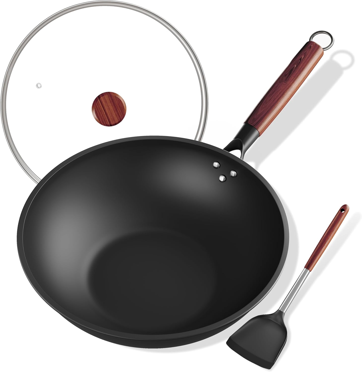 Carbon Steel Wok 13-Inch Wok Pan with Glass Cover Silicone Spatula, Non ...