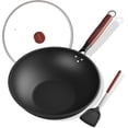 Carbon Steel Wok 13-Inch Wok Pan with Glass Cover Silicone Spatula, Non ...