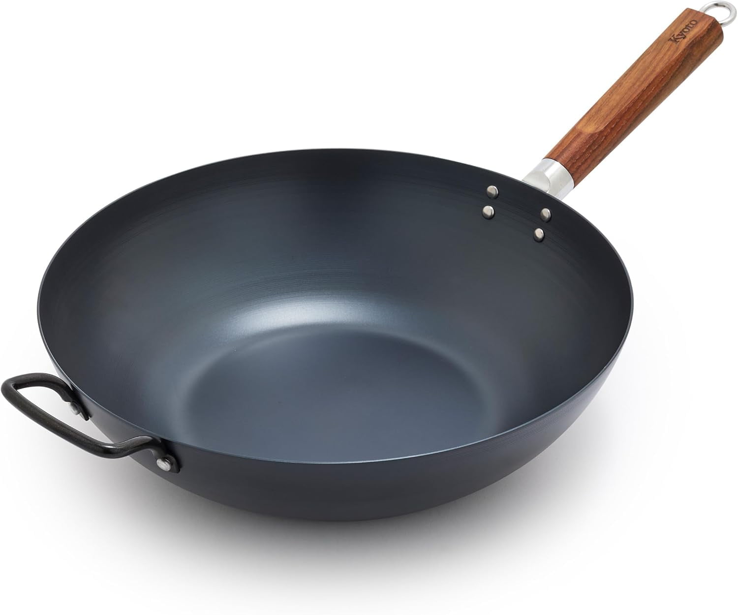 Carbon Steel Wok 14”, Flat Bottom, Durable Stir-Fry Pan, Pre-Seasoned ...