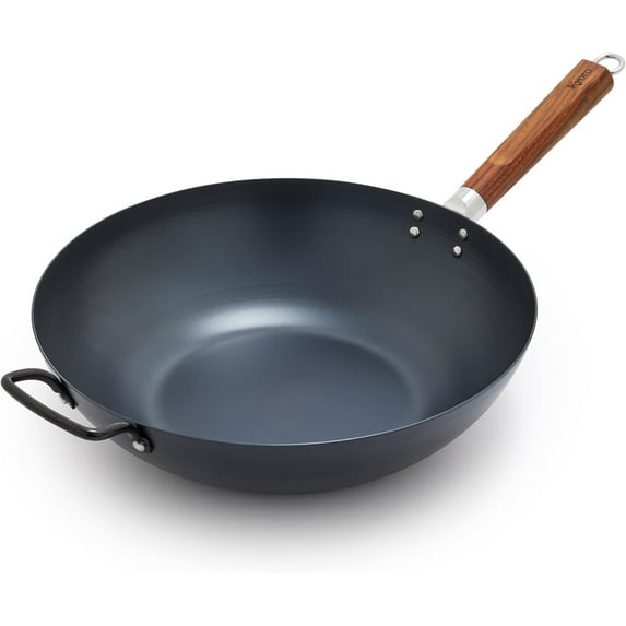 Carbon Steel Wok 14”, Flat Bottom, Durable Stir-Fry Pan, Pre-Seasoned ...