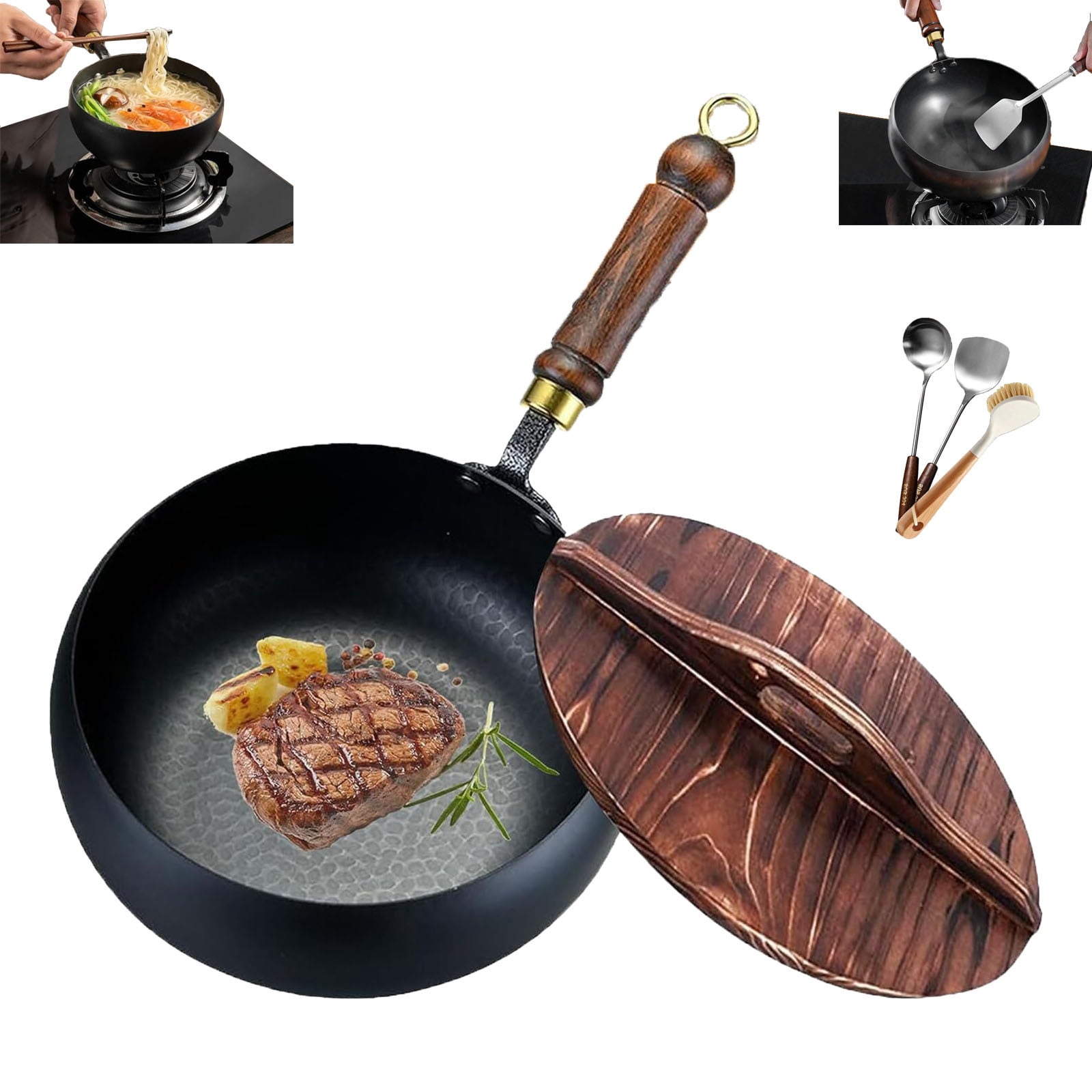 Carbon Steel Wok with Lid Chinese Iron Wok, Japanese Uncoated Flat Iron ...