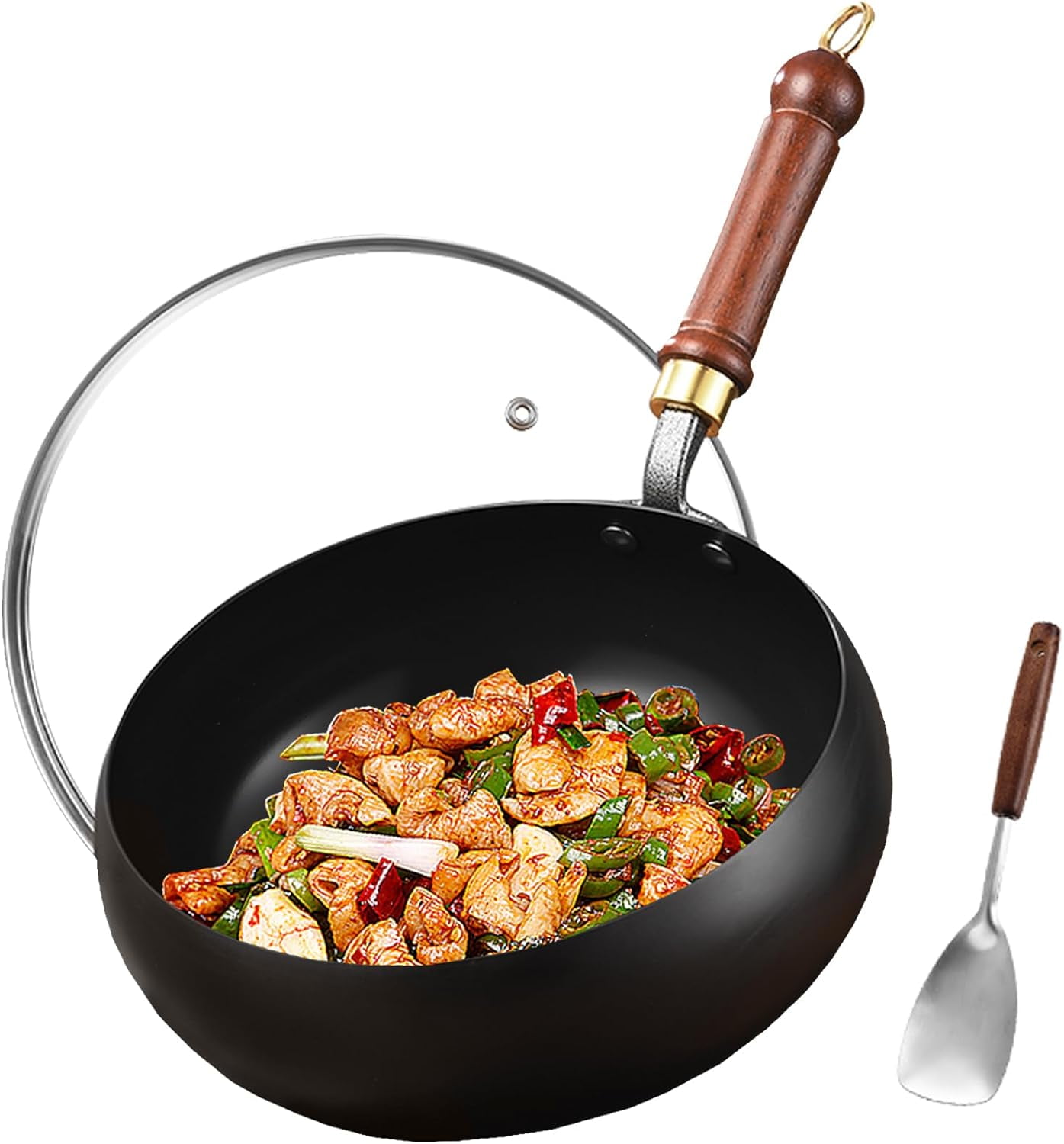 Carbon Steel Wok Pan, 11" Woks & Stir-Fry Pans with Glass Lid Cookwares ...
