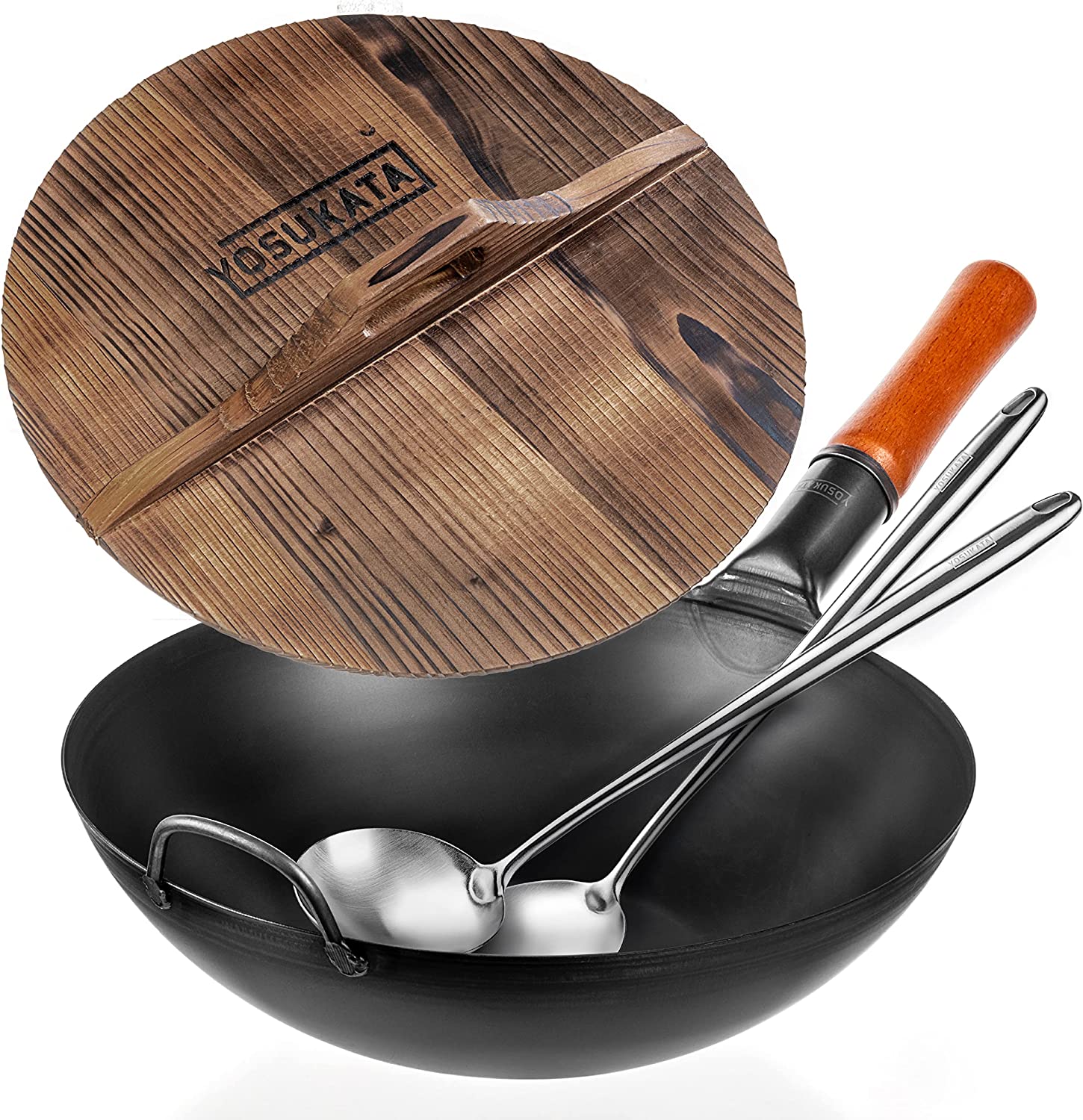 Carbon Steel Wok Pan – 13,5 “ Stir Fry Pans with Flat Bottom + Premium ...