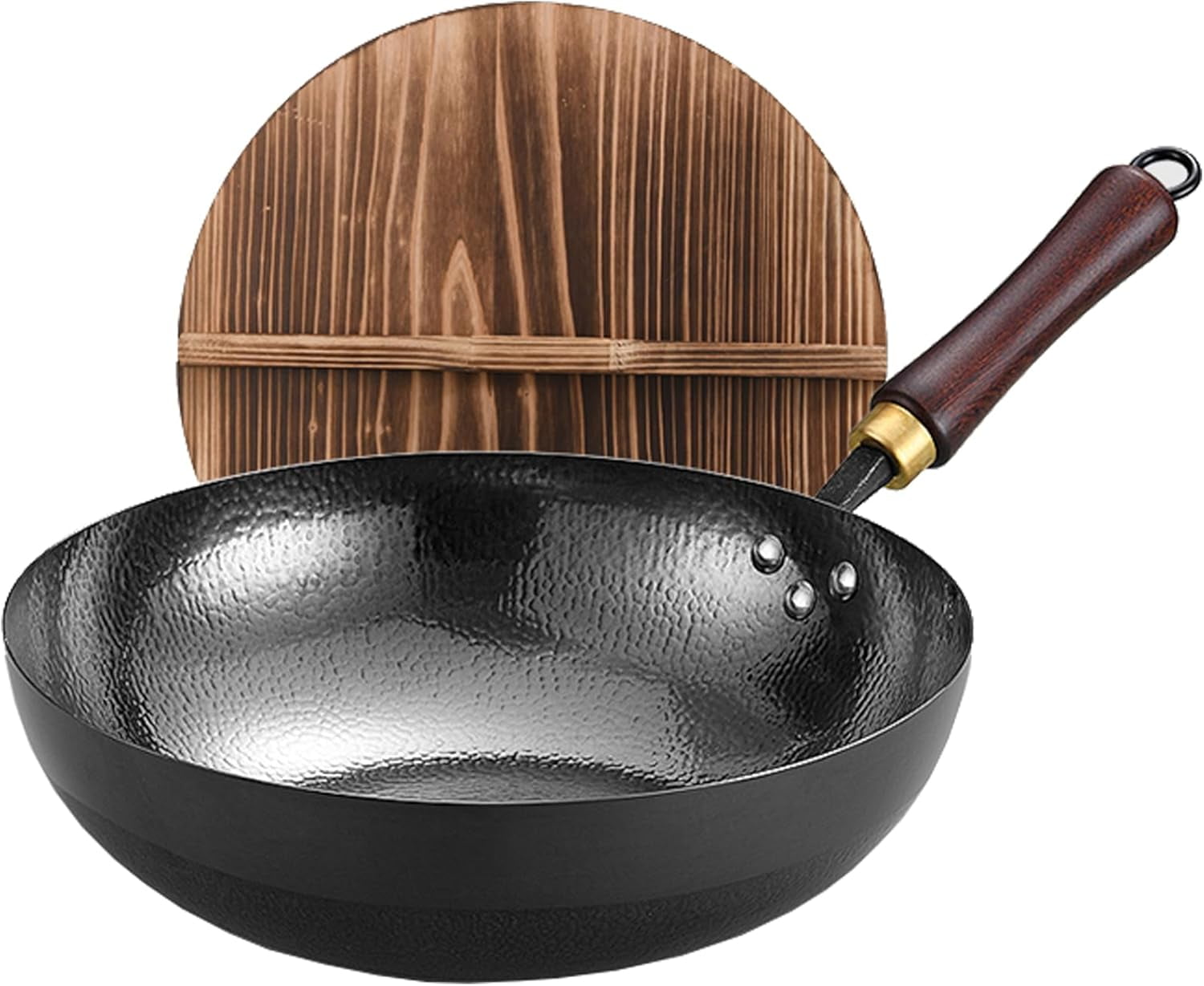 Carbon Steel Wok Pan, 13.5″Woks & Stir-Fry Pans with Wooden Lid ...