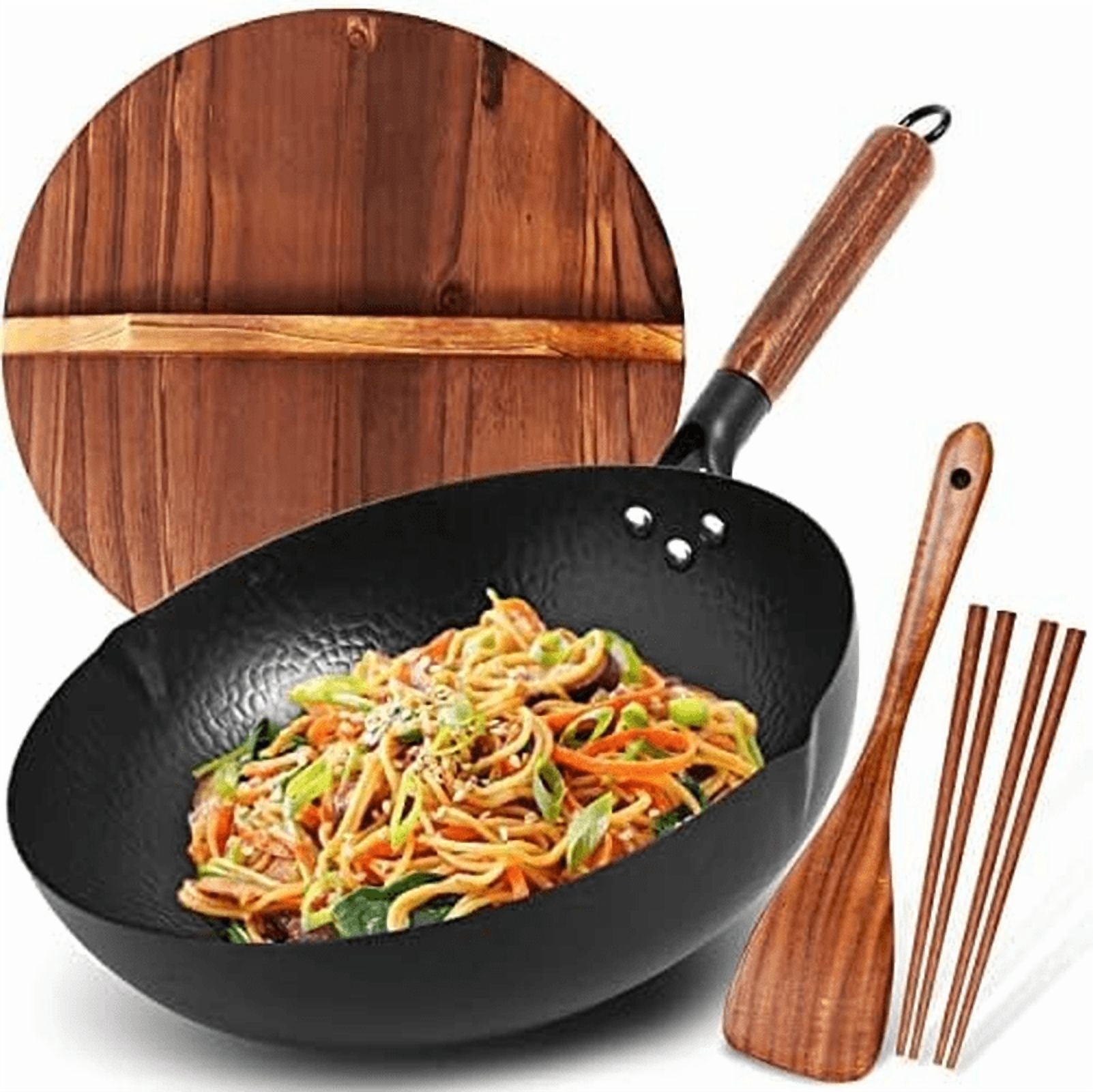 Carbon Steel Wok Pan, 5 Piece Authentic Chinese Wok & Stir-Fry Pans Set