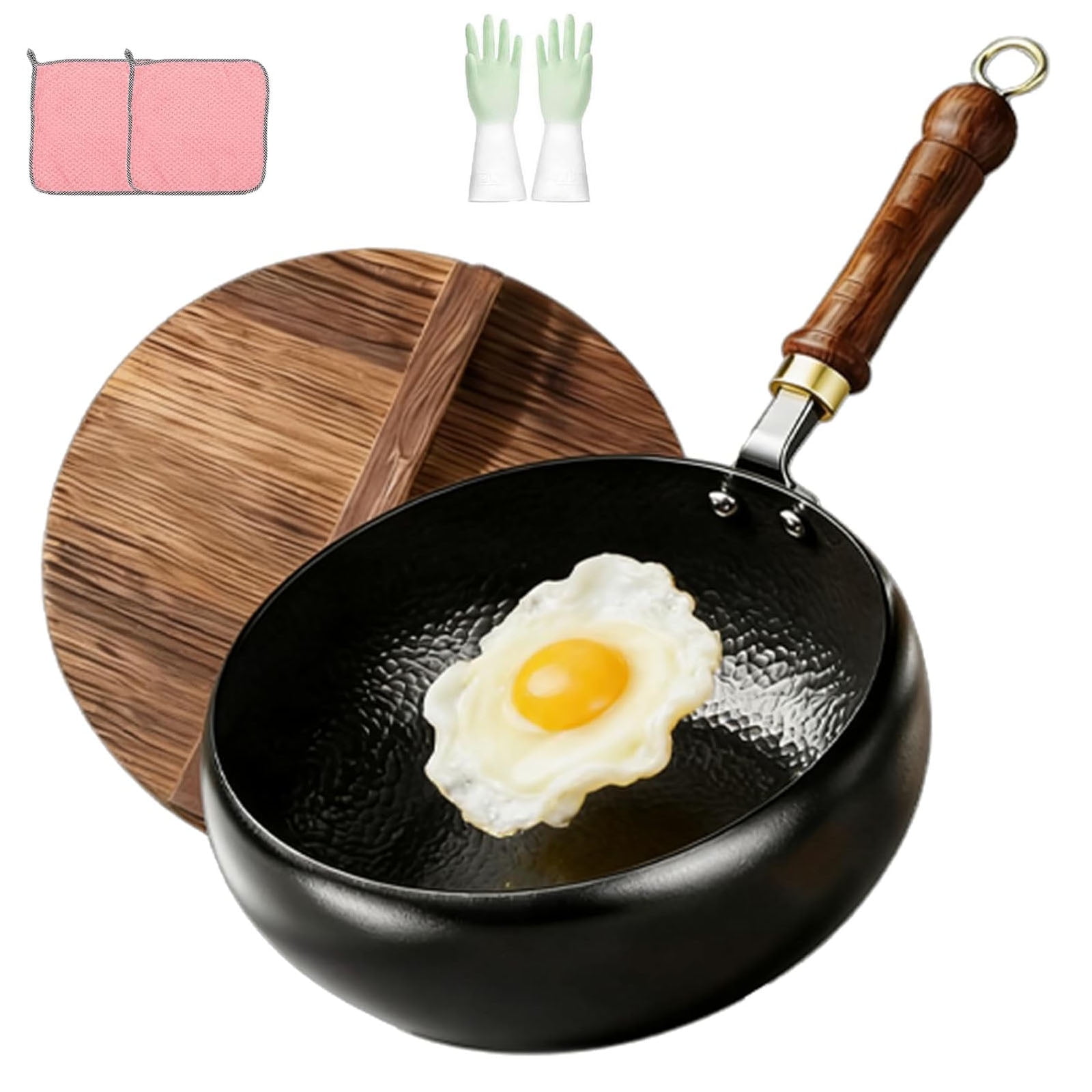 Carbon Steel Wok Pan, Large Capacity Spill Cast Iron Wok with Lid, Hand ...