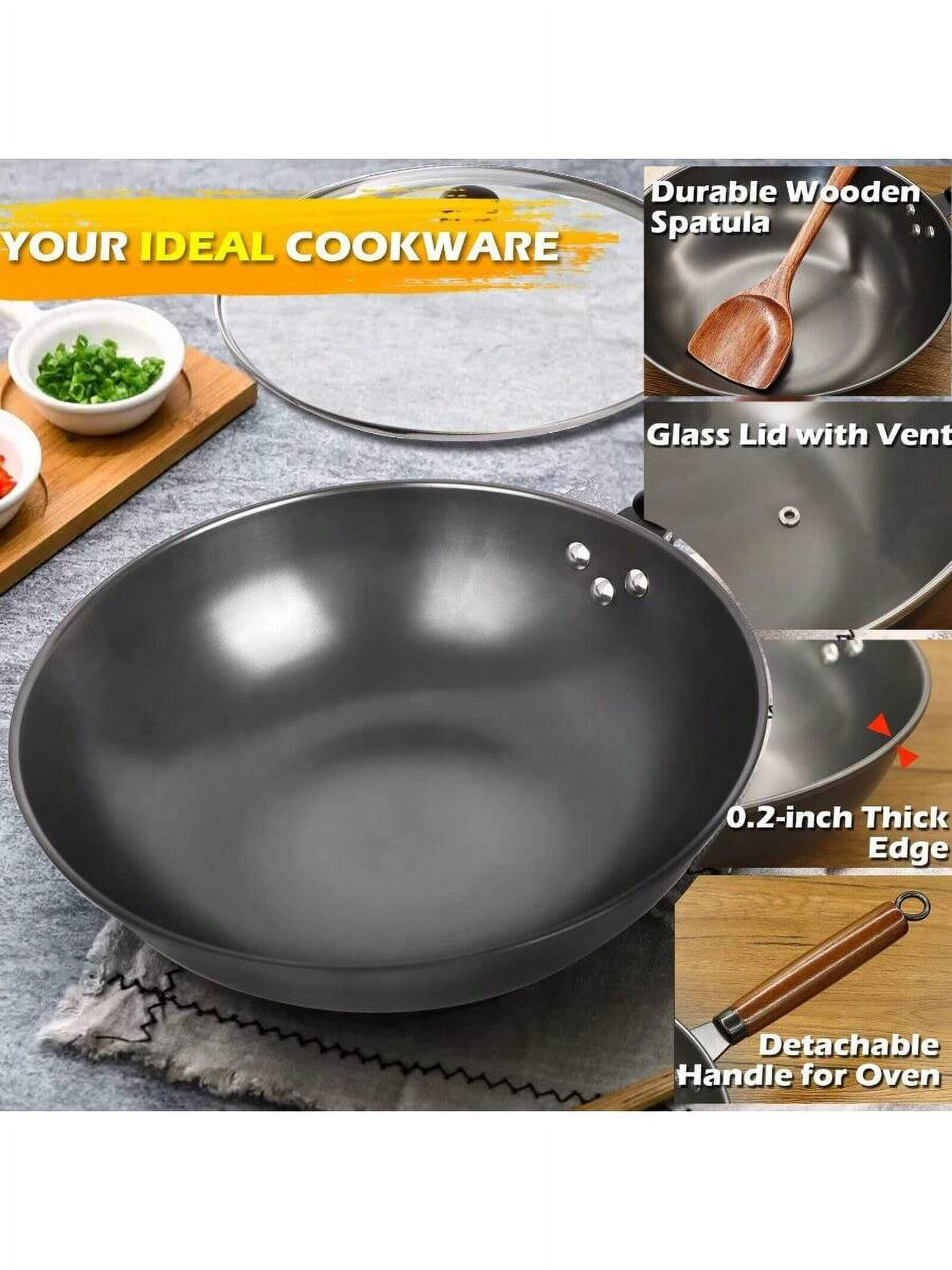 Carbon Steel Wok Pan With Lid Spatula Nitrided Nonstick Anti-Rust For ...