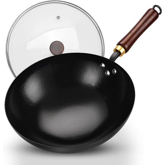 Carbon Steel Wok Pan, Woks & Stir-Fry Pans with Glass Lid Cookwares ...
