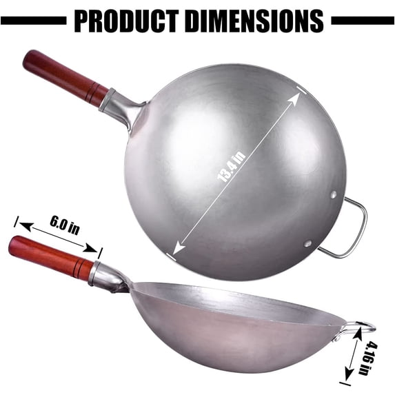 Carbon Steel Wok Traditional Hand Hammered - 13.4" Chinese Woks Round ...
