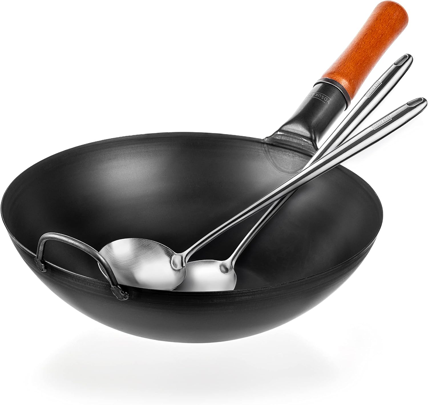 Carbon Steel Wok and Stir Fry Pans 13,5 “ + 17’’ Wok Spatula and Ladle ...