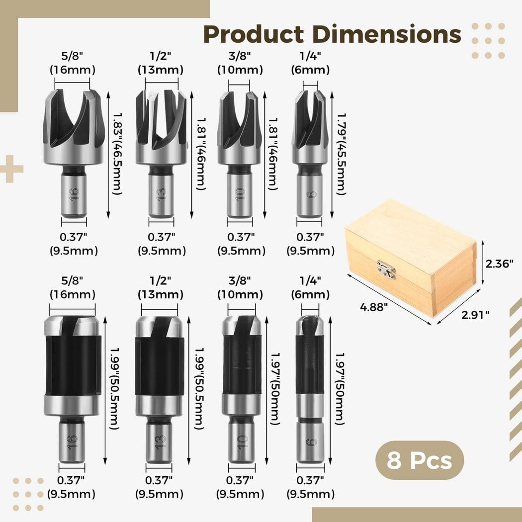 Carbon Steel Wooden Plug Cutter Drill Bit Set, 8 Pieces with Box for ...