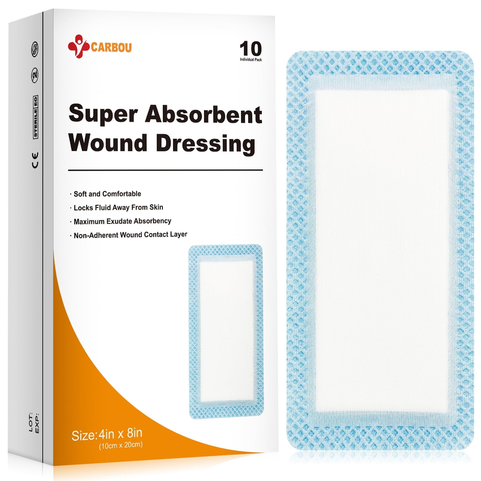 Carbou Super Absorbent Wound Dressing Pads 4"x 8", 10 Individual Pack ...