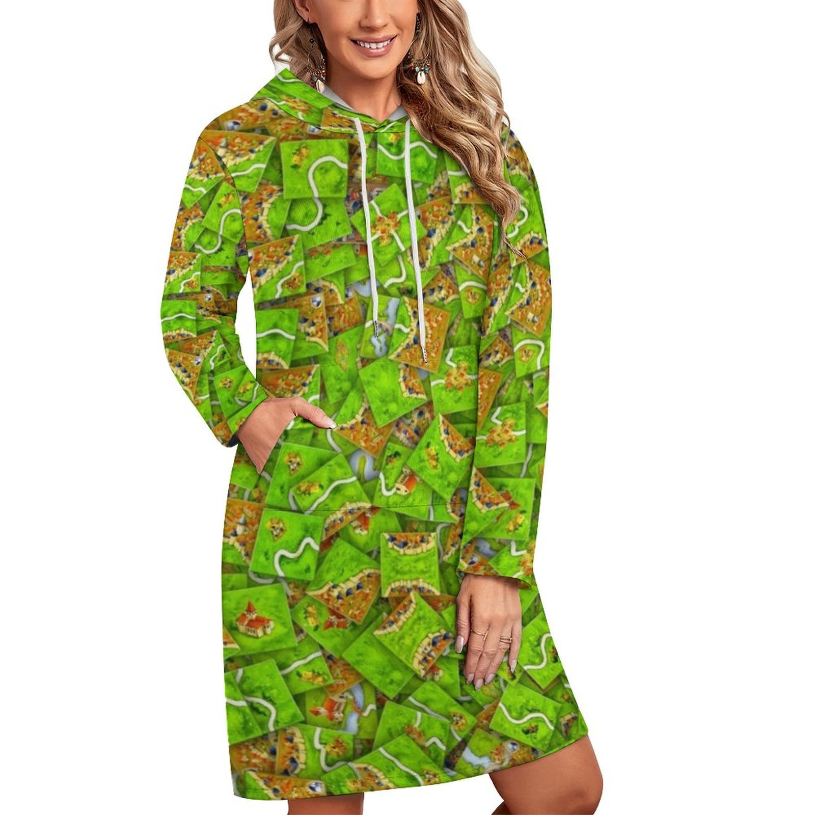Carcassonne Tiles Print Shirt Dress Autumn Winter Female Dress Long ...