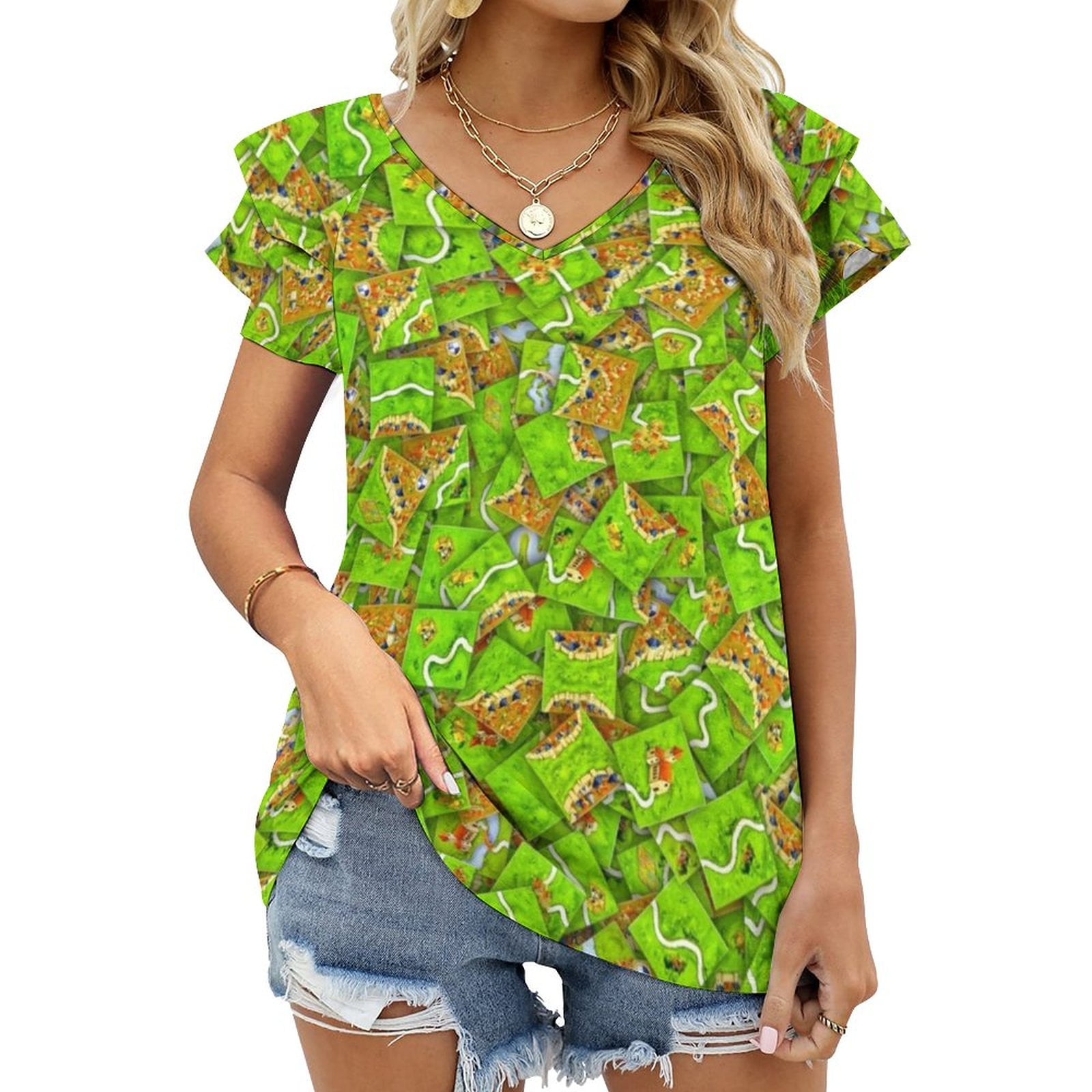 Carcassonne Tiles Ruffle Short Sleeve T-Shirt Women'S V Neck Print T ...