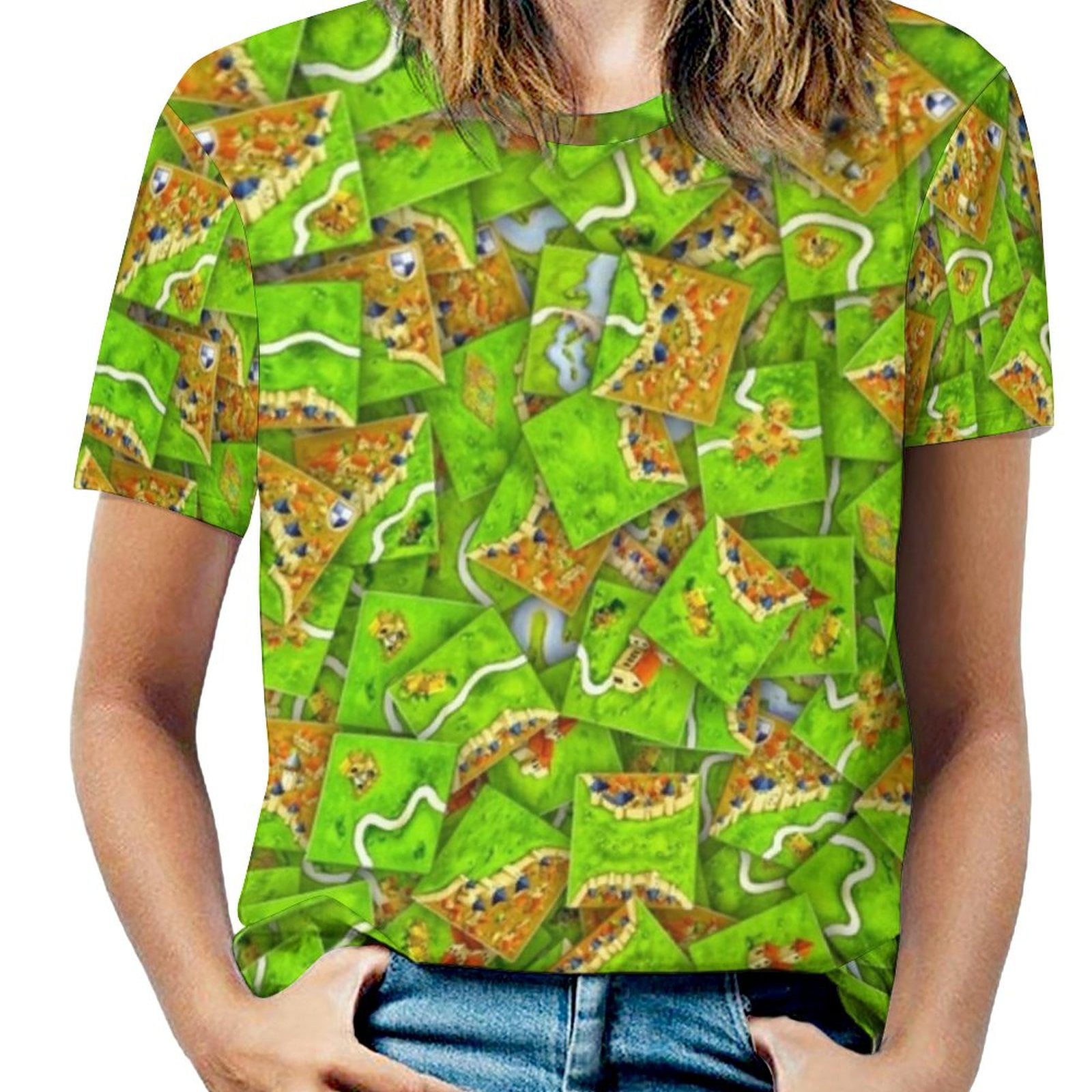Carcassonne Tiles Ruffle Short Sleeve T-Shirt Women'S V Neck Print T ...