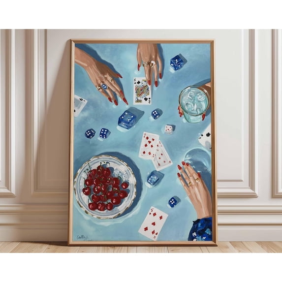 Card Game Blue Tabletop Dice And Cherries Wall Art Print, Unframed ...