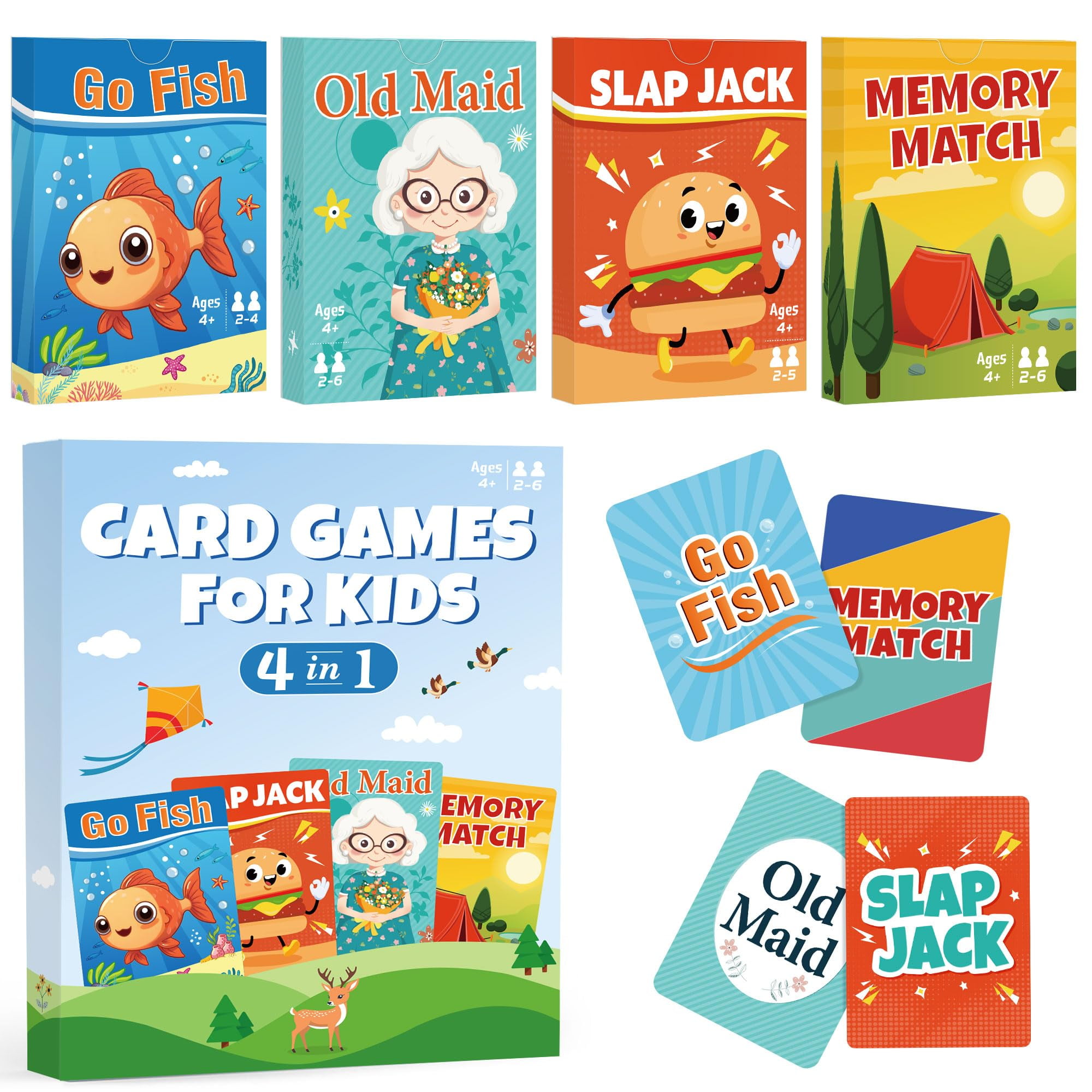 Neasyth Go Fish, Old Maid, Slap Jack, Memory Match, 4 in 1 Kids Card ...