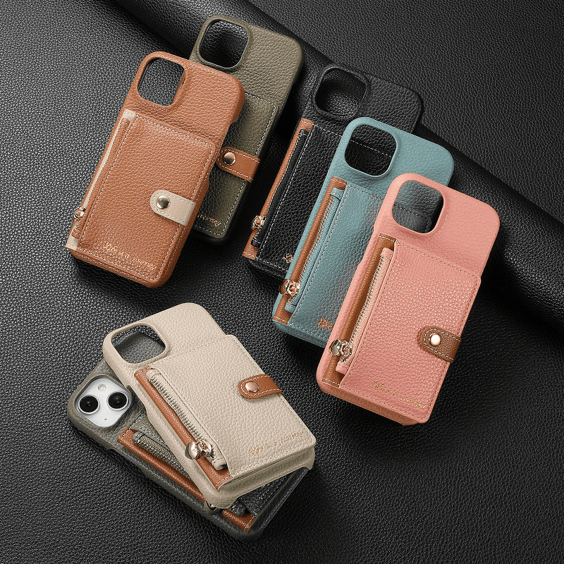 Card Holder Zipper Phone Case For Iphone 15 Case Solid Color Wallet ...