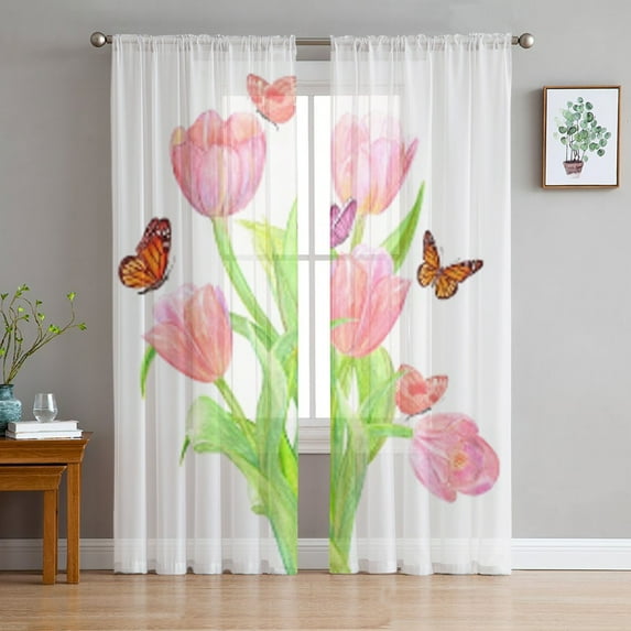 Card with Pink Roses Gradient Sheer Curtain for Living Room Bedroom ...