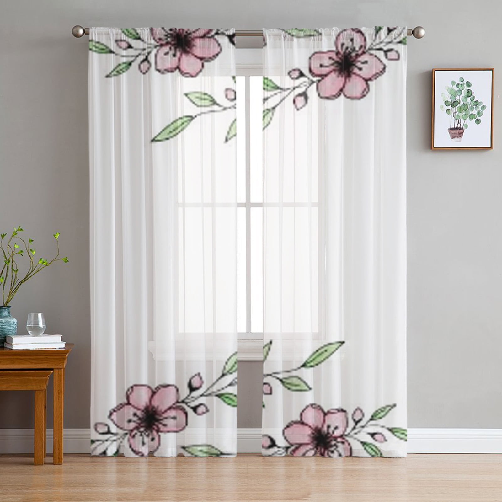 Card with Pink Roses Gradient Sheer Curtain for Living Room Bedroom ...