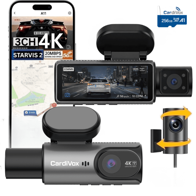 CardiVox A21 3 Channel Dash Cam 4K+2.5K+2.5K Sony STARVIS 2 GPS WiFi ...
