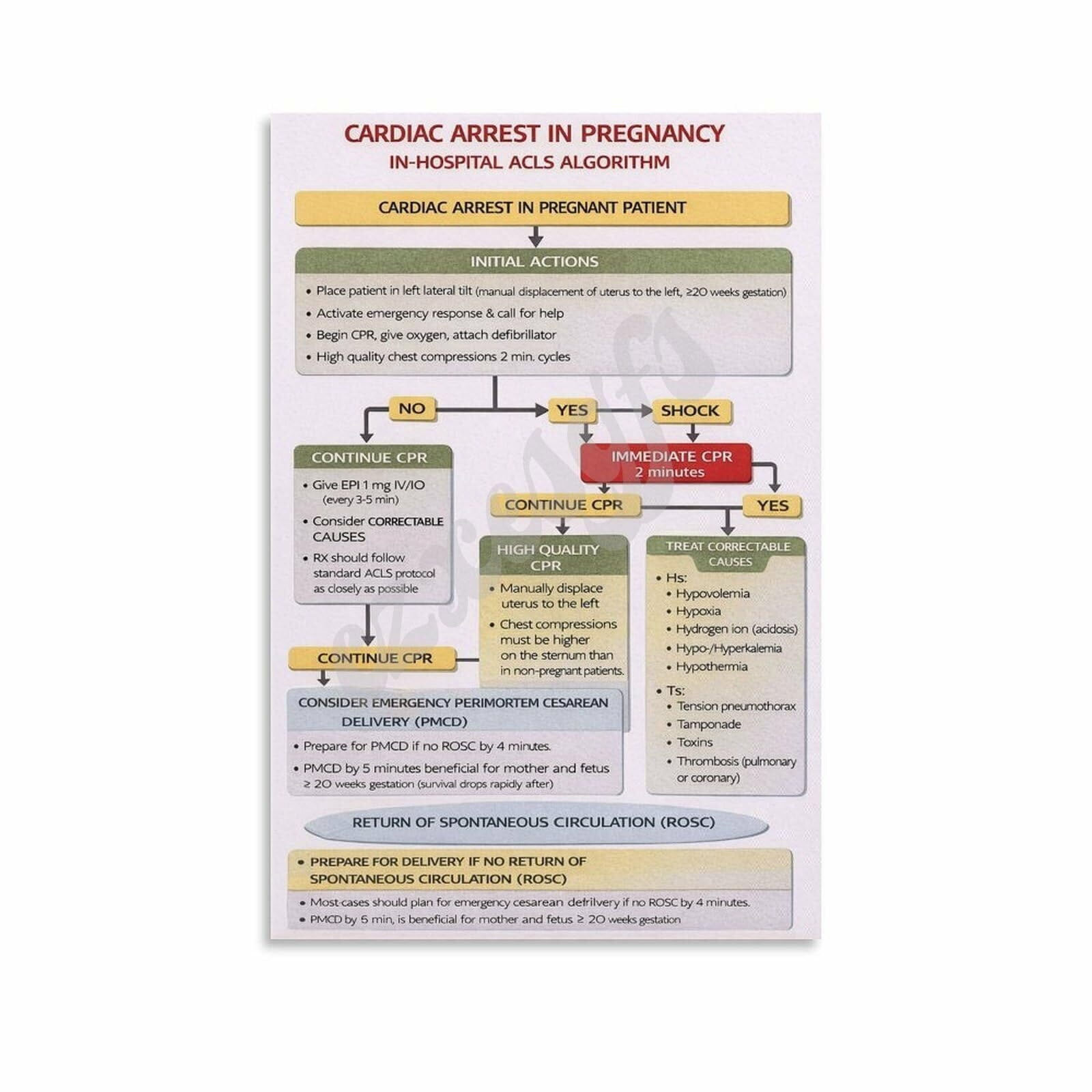 Cardiac Arrest in Pregnancy ACLS Algorithm Poster Obstetric Emergency ...