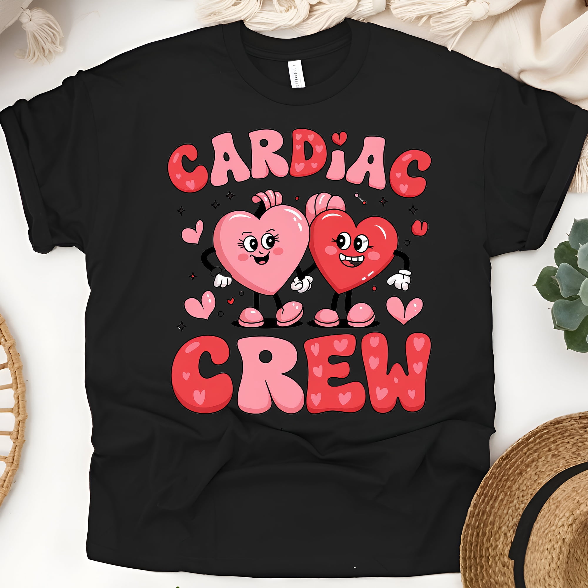 Cardiac Crew Graphic T-Shirt with Cute Heart Characters, Black, Size M ...