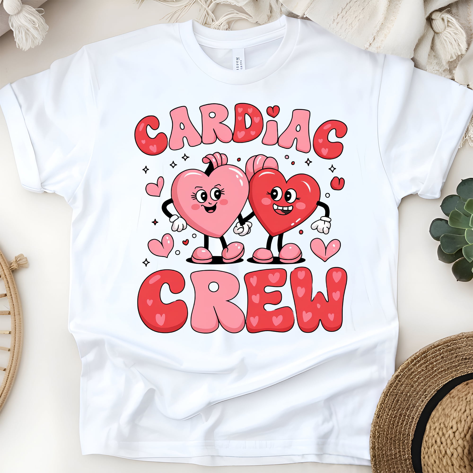Cardiac Crew Graphic T-Shirt with Cute Heart Characters, White, Size ...