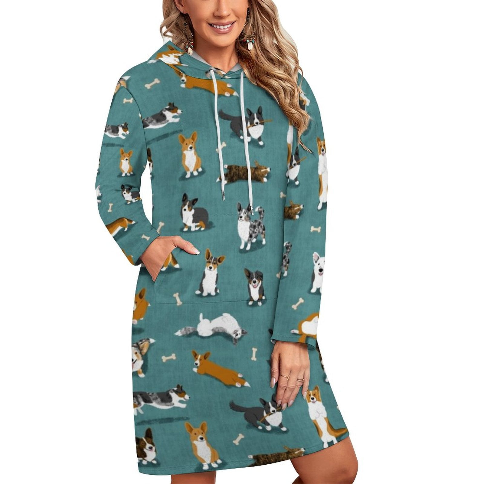 Cardigan Corgi Pattern On Teal Hooded Sweatshirt Men And Women Print ...