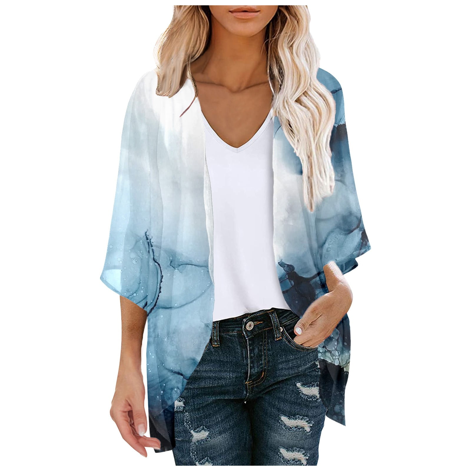 Cardigan For Women Dressy Floral Print 3/4 Sleeve Chiffon Loose Fit ...