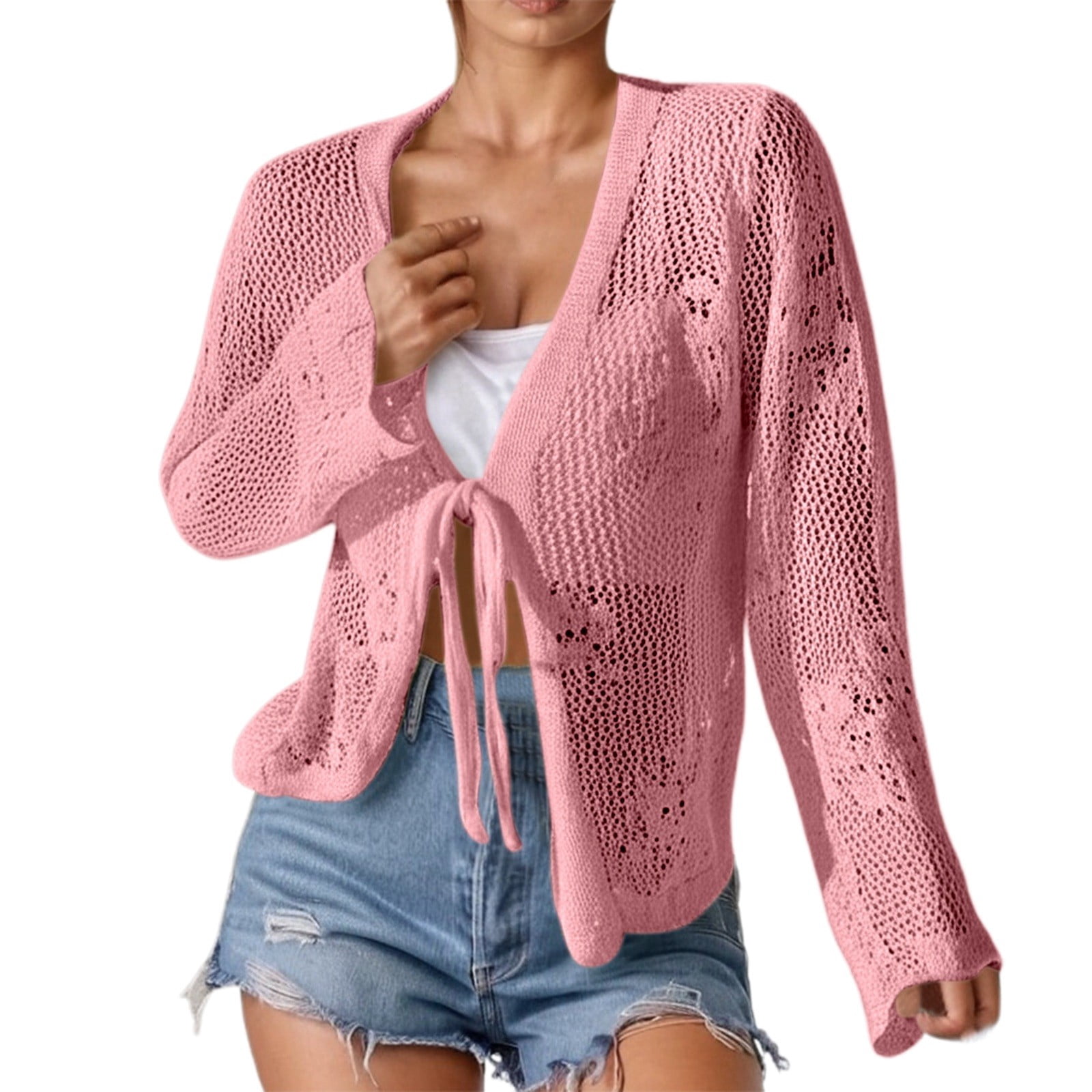 Cardigan for Women Hollow Out Cable Knit Beach Long Sleeve Solid Tie ...