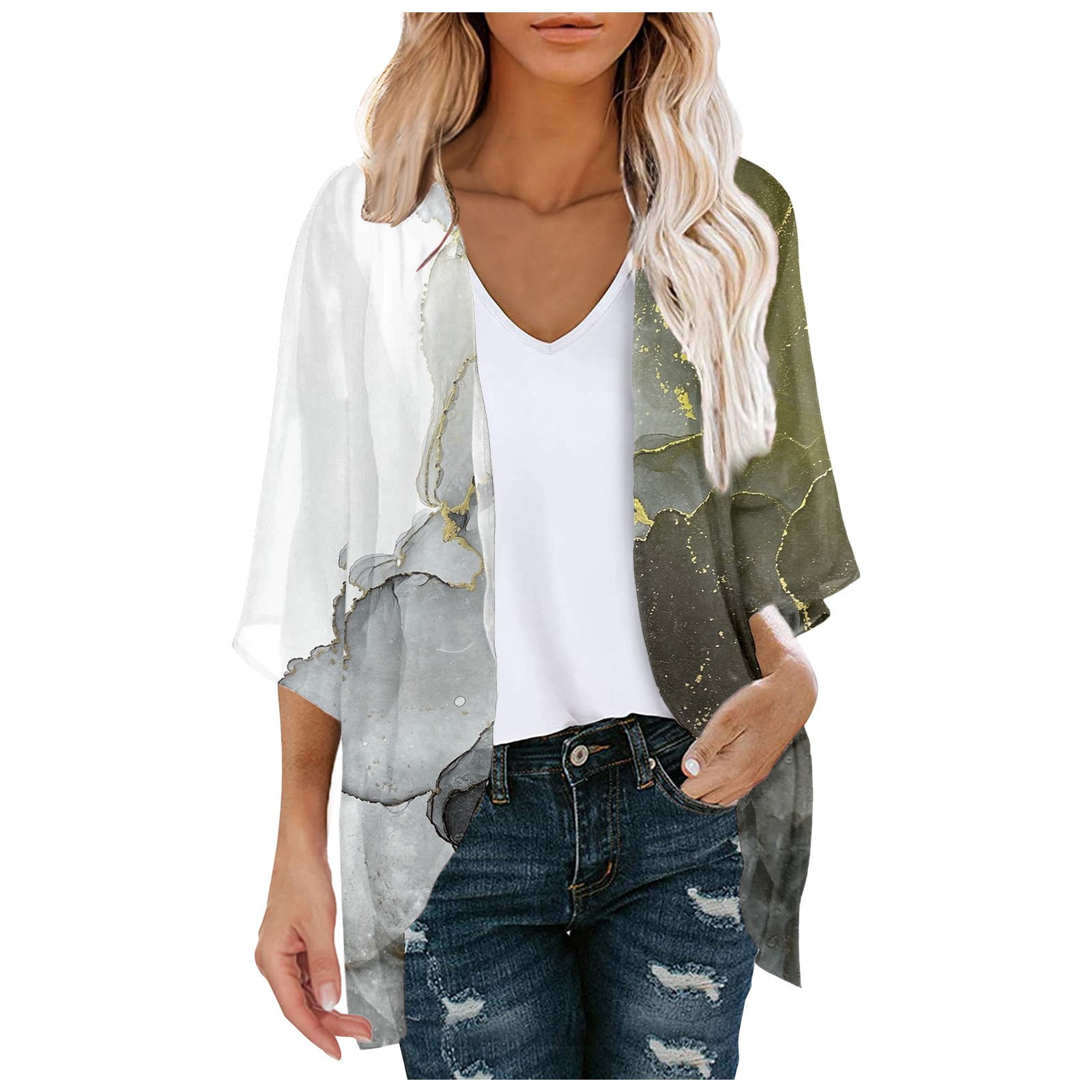 Cardigan For Women Lightweight Floral Print 3/4 Sleeve Chiffon Loose ...