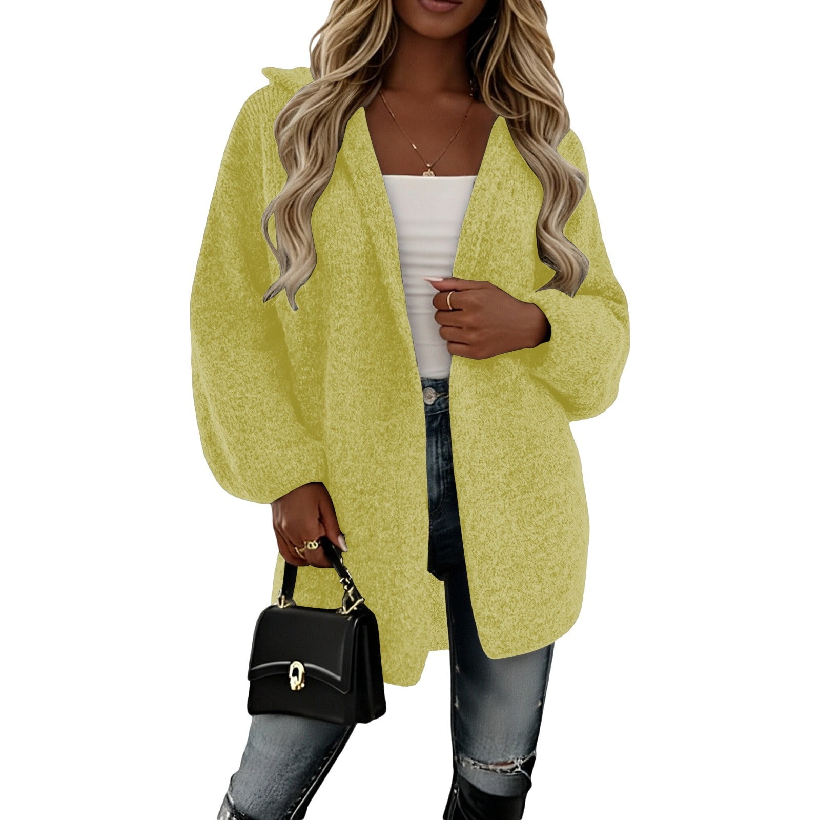 Cardigan For Women Solid Warm Hooded Knitted Open Front Loose Fit Work ...