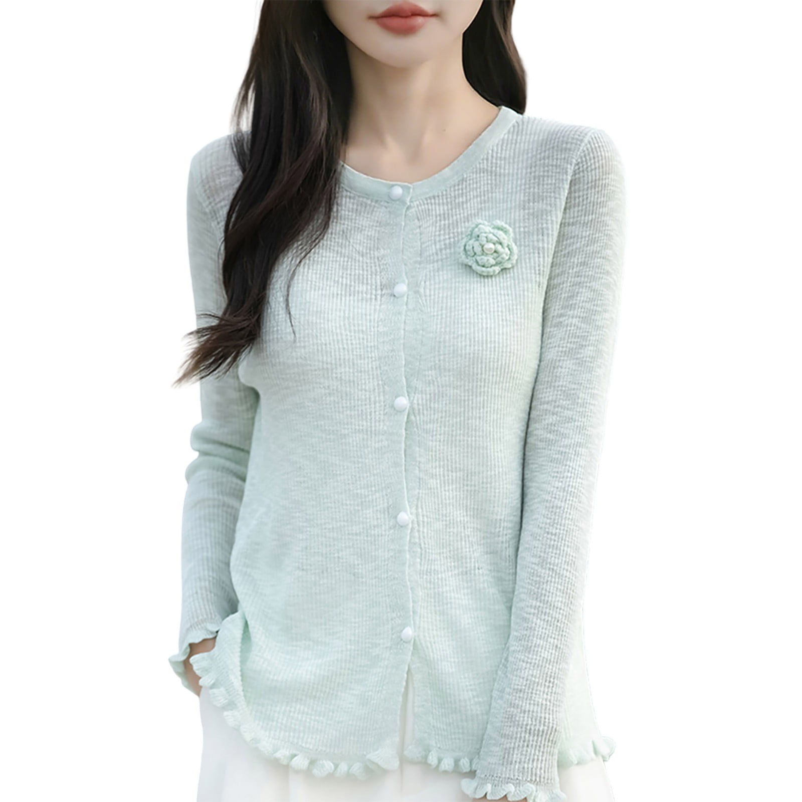 Cardigan For Women Stylish With Ruffle Edges And Floral Knit Design For ...