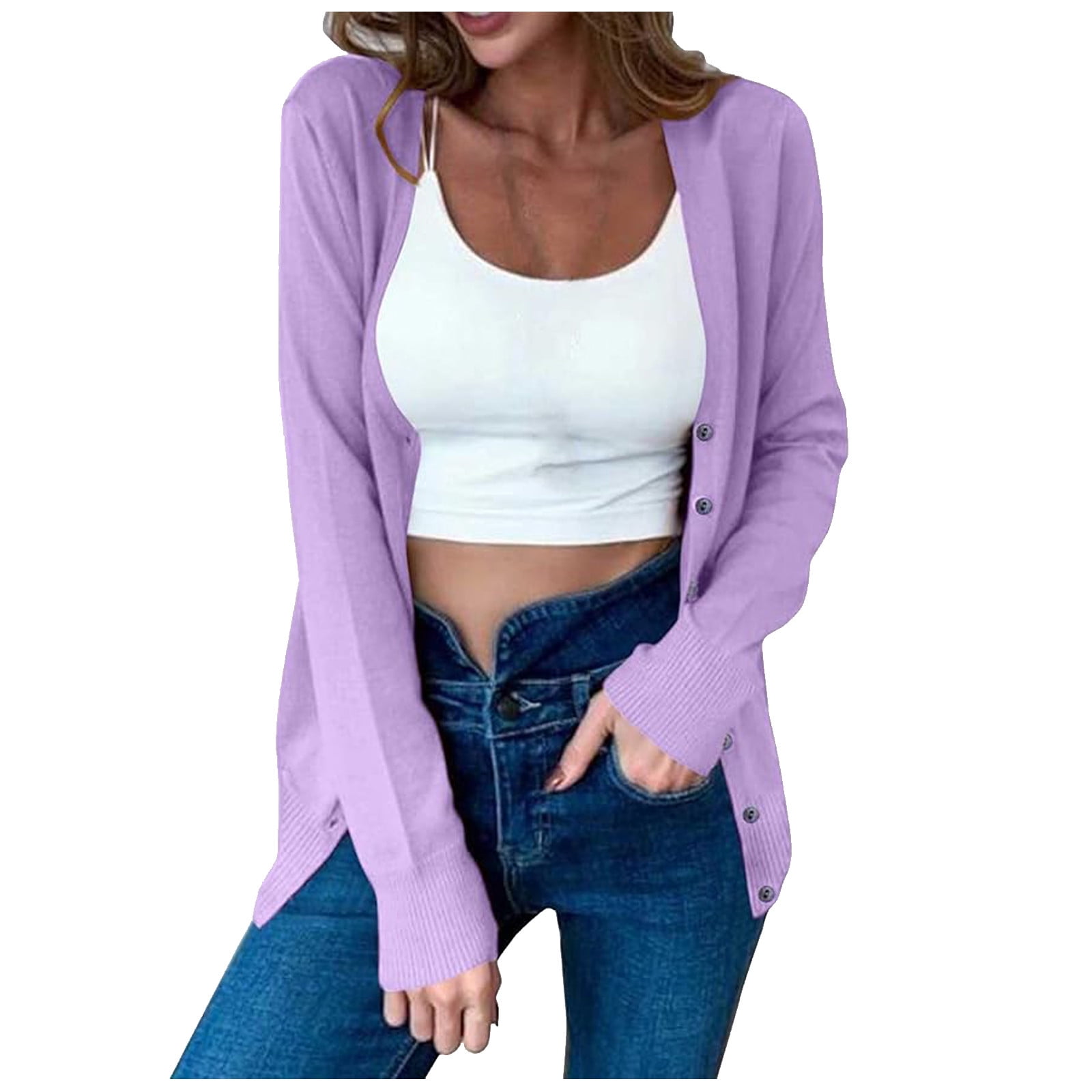 Cardigan Jacket Women's V Neck Long Sleeve Outer Sweater (Light Purple ...