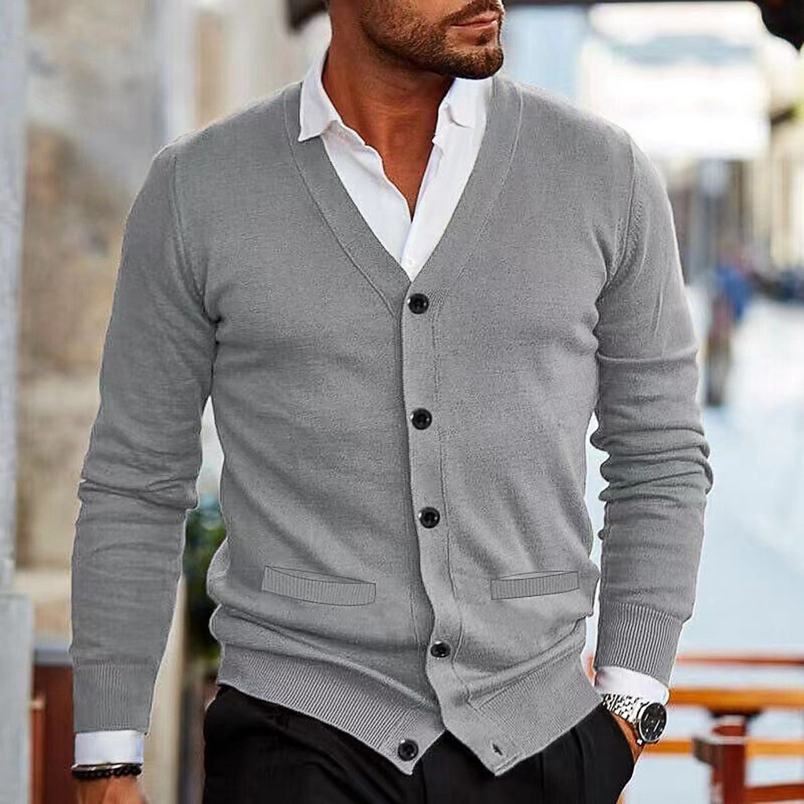 Cardigan Men Fitted Long Sleeve V Neck Knit Sweater Fashion Basic Color ...