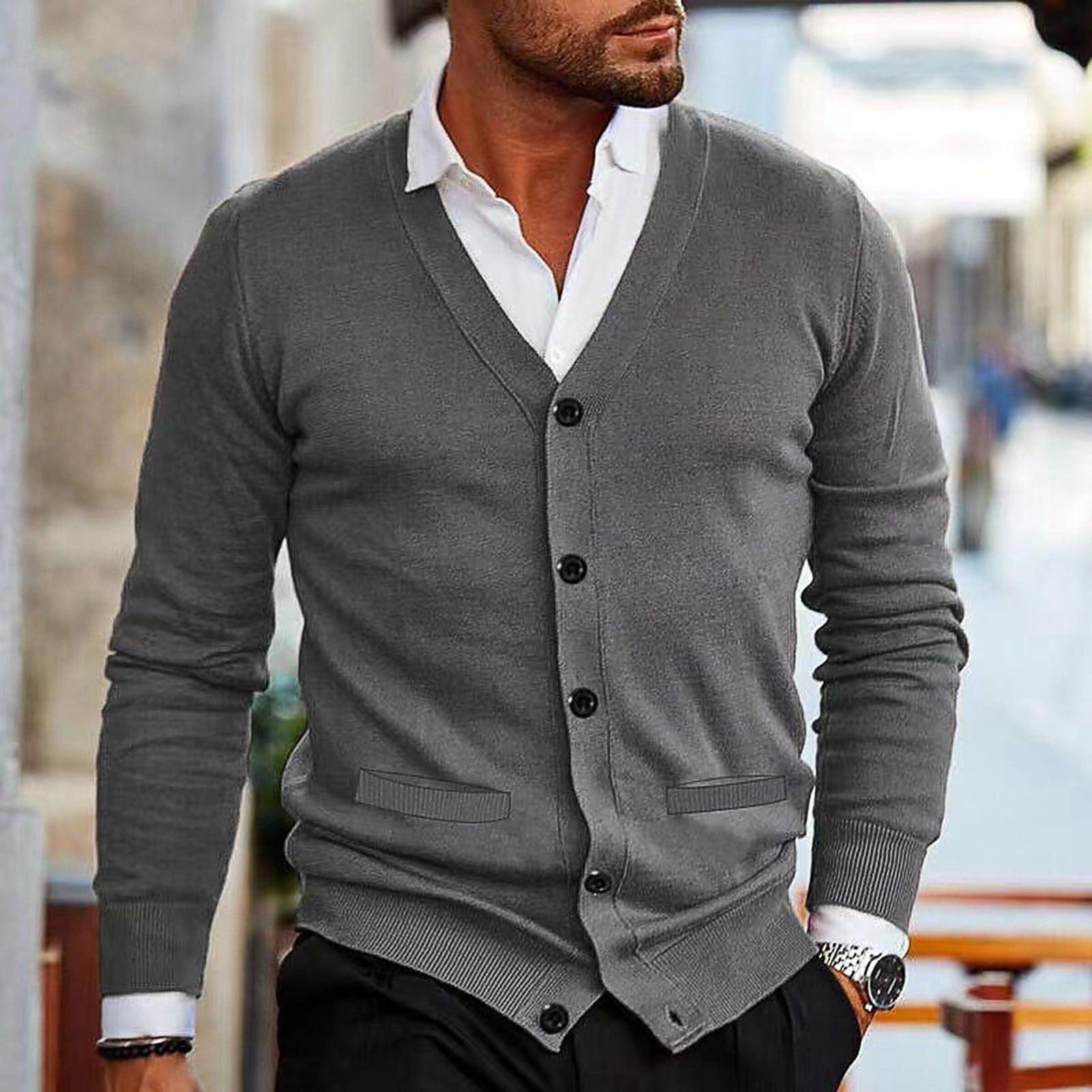 Cardigan Men Slim Fit Long Sleeve V Neck Knit Sweater Trendy Solid ...