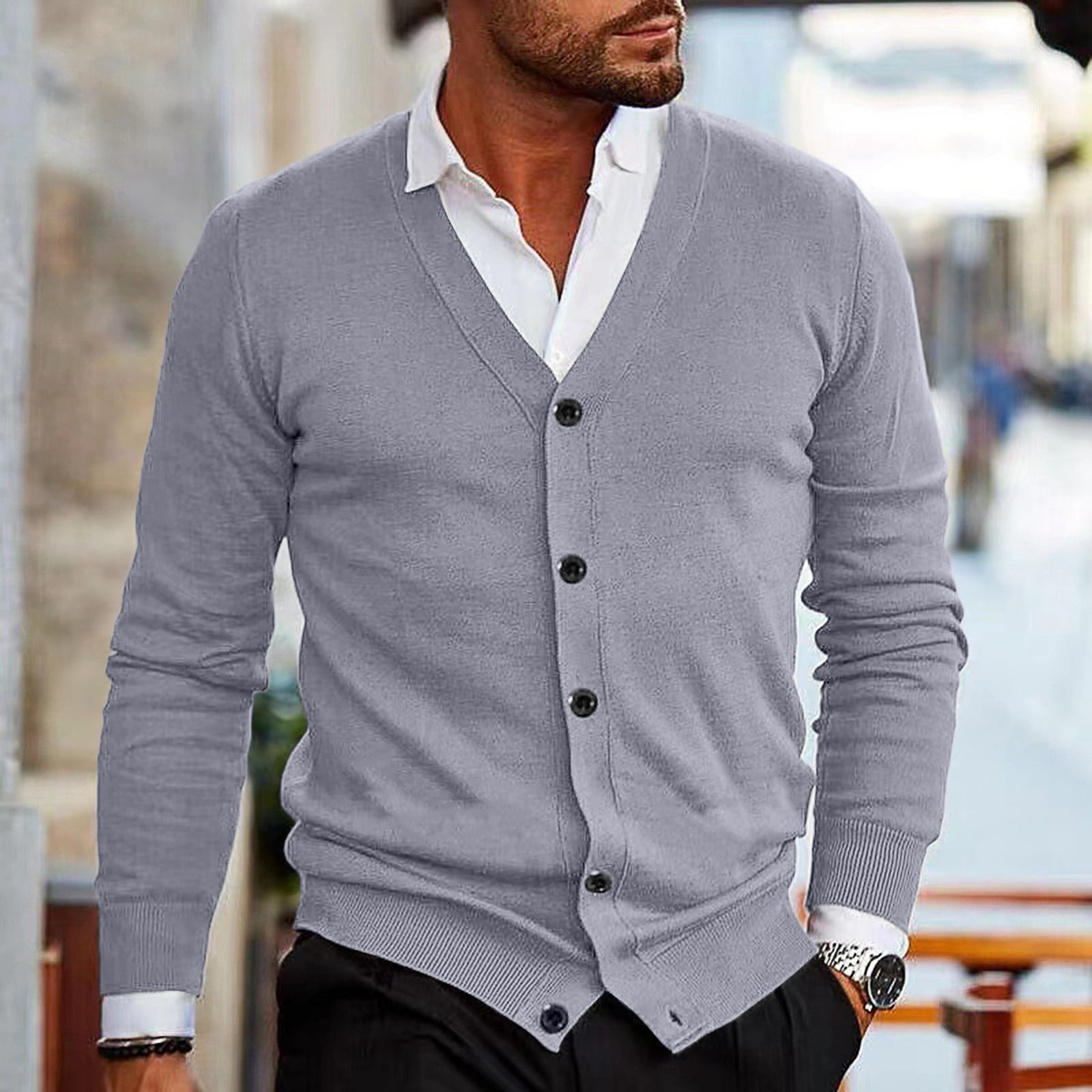 Cardigan Sweater for Men Fitted Full Length Sleeve V Neck Knit Button ...