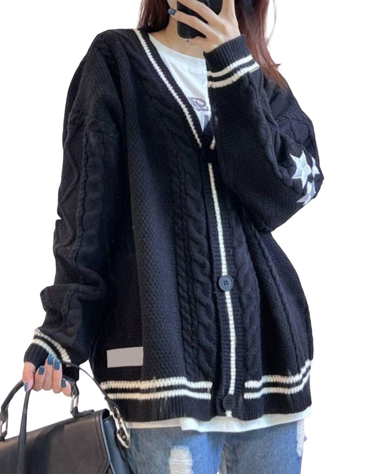 Cardigan Sweater for Women V Meck Button Down Star Print Cable Knit Sweaters Open Front Casual ...