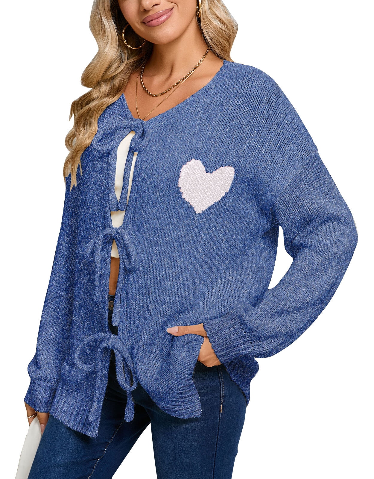 Cardigan Sweater for Women V Neck Tie Strap Heart Print Cable Knit ...