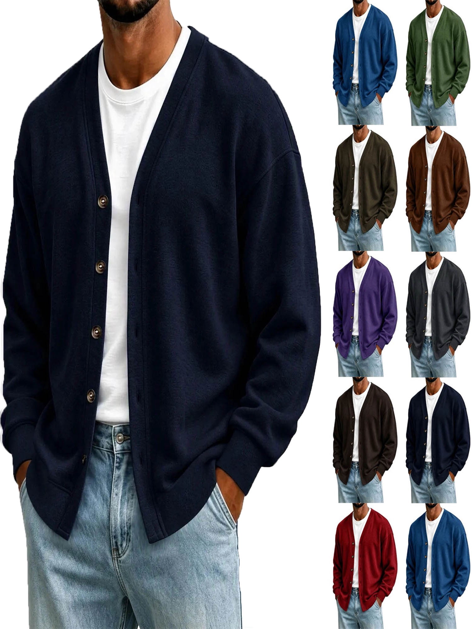 Cardigan Sweaters for Men Solid Color V Neck Button Up Loose Long ...