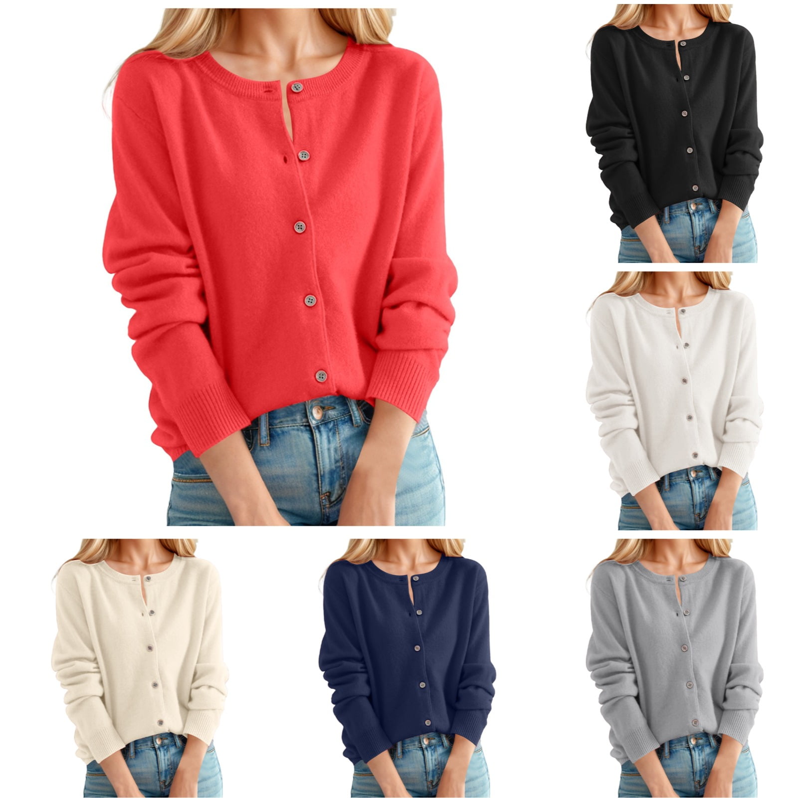 Cardigan Sweaters for Women Lightweight Classic Crew Neck Button Down ...