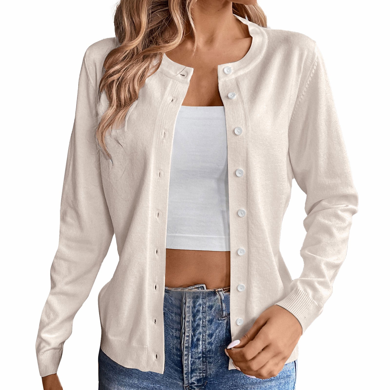 Cardigan Sweaters For Women Lightweight Crew Neck Long Sleeve Cardigan ...
