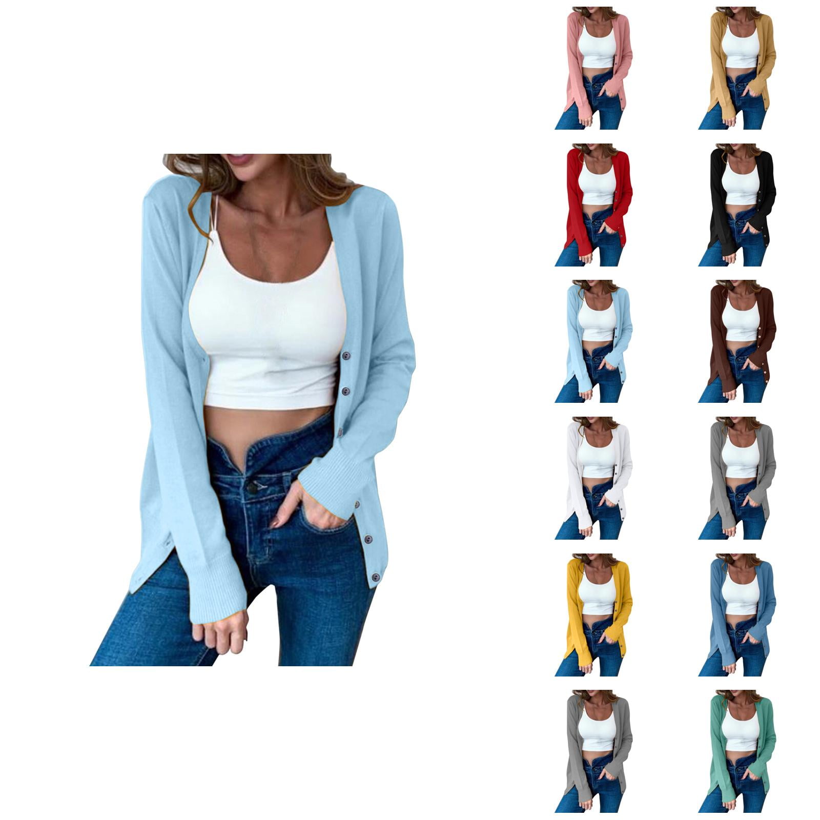 Cardigan Sweaters for Women 2025 Long Sleeve Button Open Front Plain ...