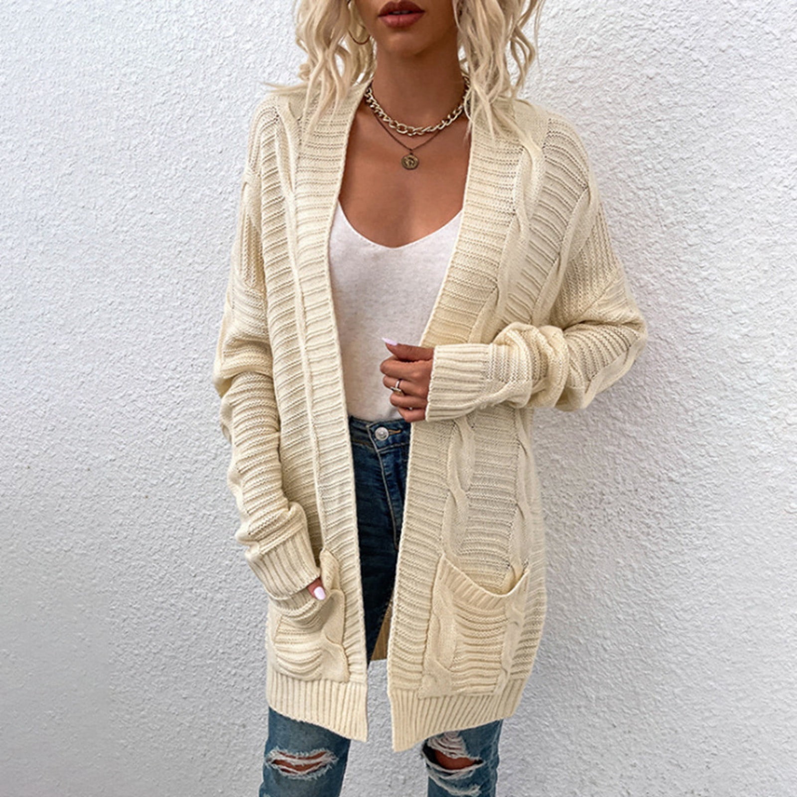 Cardigan Sweaters for Women Knit Lightweight Beige Long Cardigan Warm ...