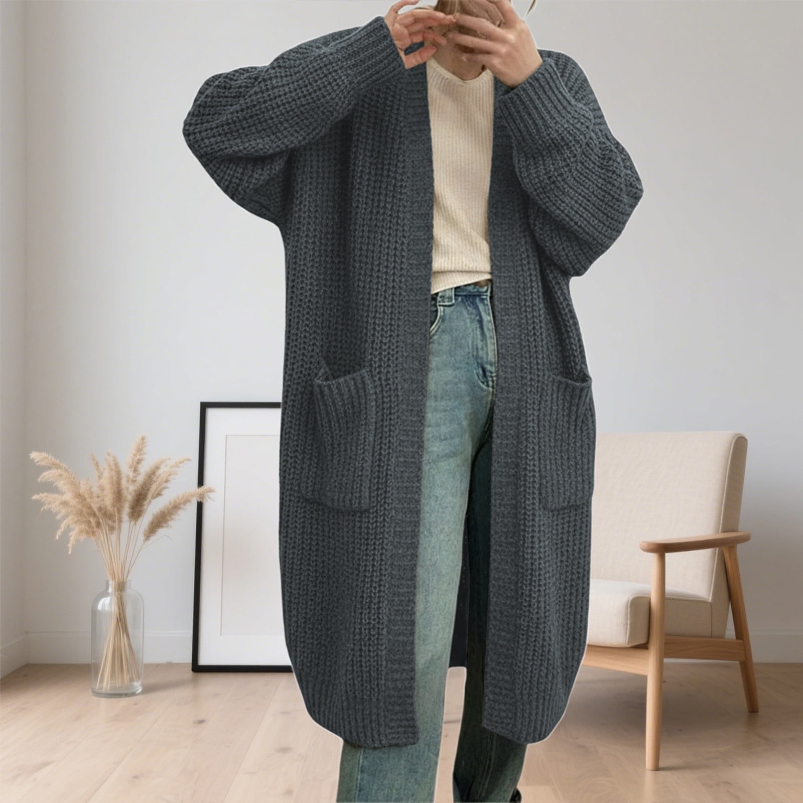 Cardigan Sweaters for Women Knit Lightweight Grey Long Cardigan Warm ...