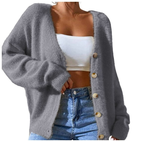 Cardigan Sweaters for Women Knitted Button Light Grey Sweaters for ...